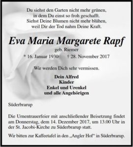 Eva Maria Margarete Rapf, geb. Riemer *16. Januar 1930 – †28. November ...
