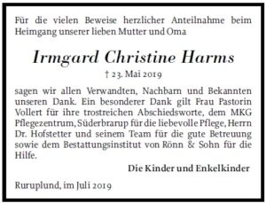 Irmgard Christine Harms geb. Lorenzen *11. März 1942 – †23. Mai 2019 ...