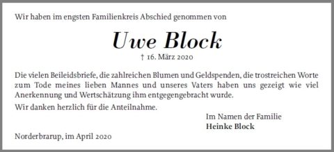 Uwe Block *19. August 1944 – †16. März 2020 | Bestattungsinstitut von ...